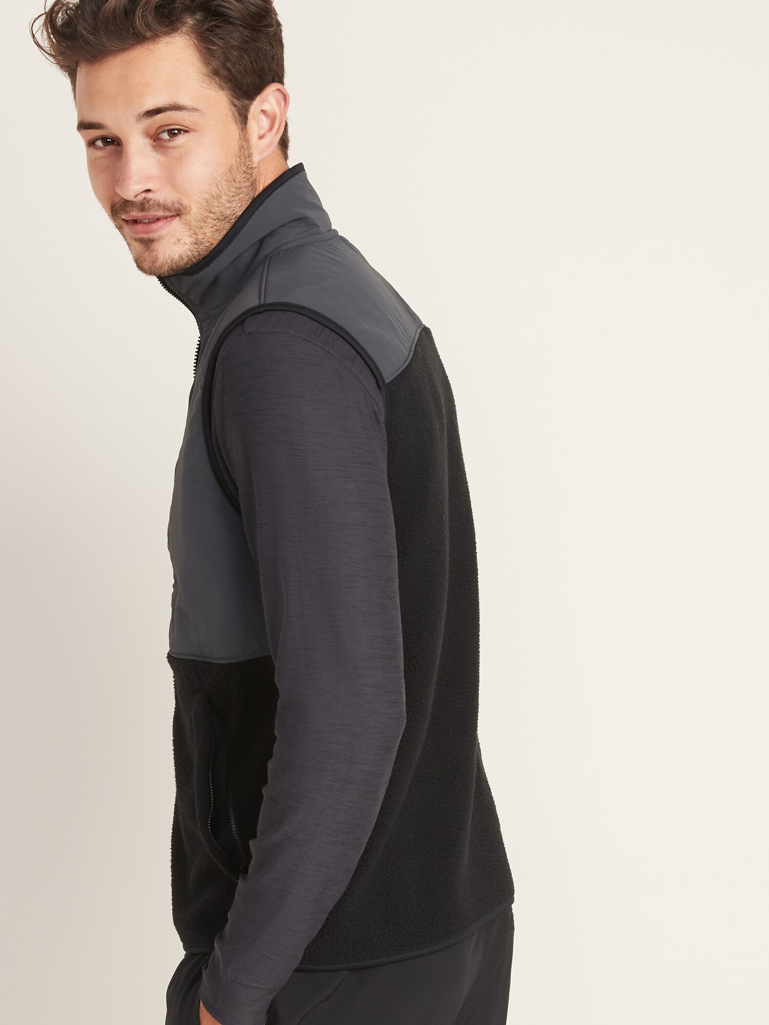 Color-Blocked Nylon-Yoke Sherpa Zip Vest for Men | Old Navy