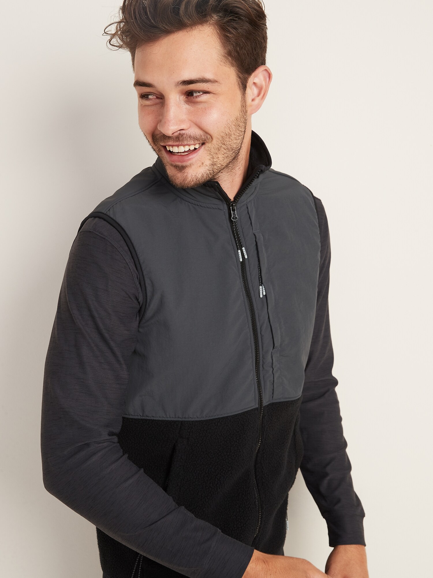 Color-Blocked Nylon-Yoke Sherpa Zip Vest for Men | Old Navy