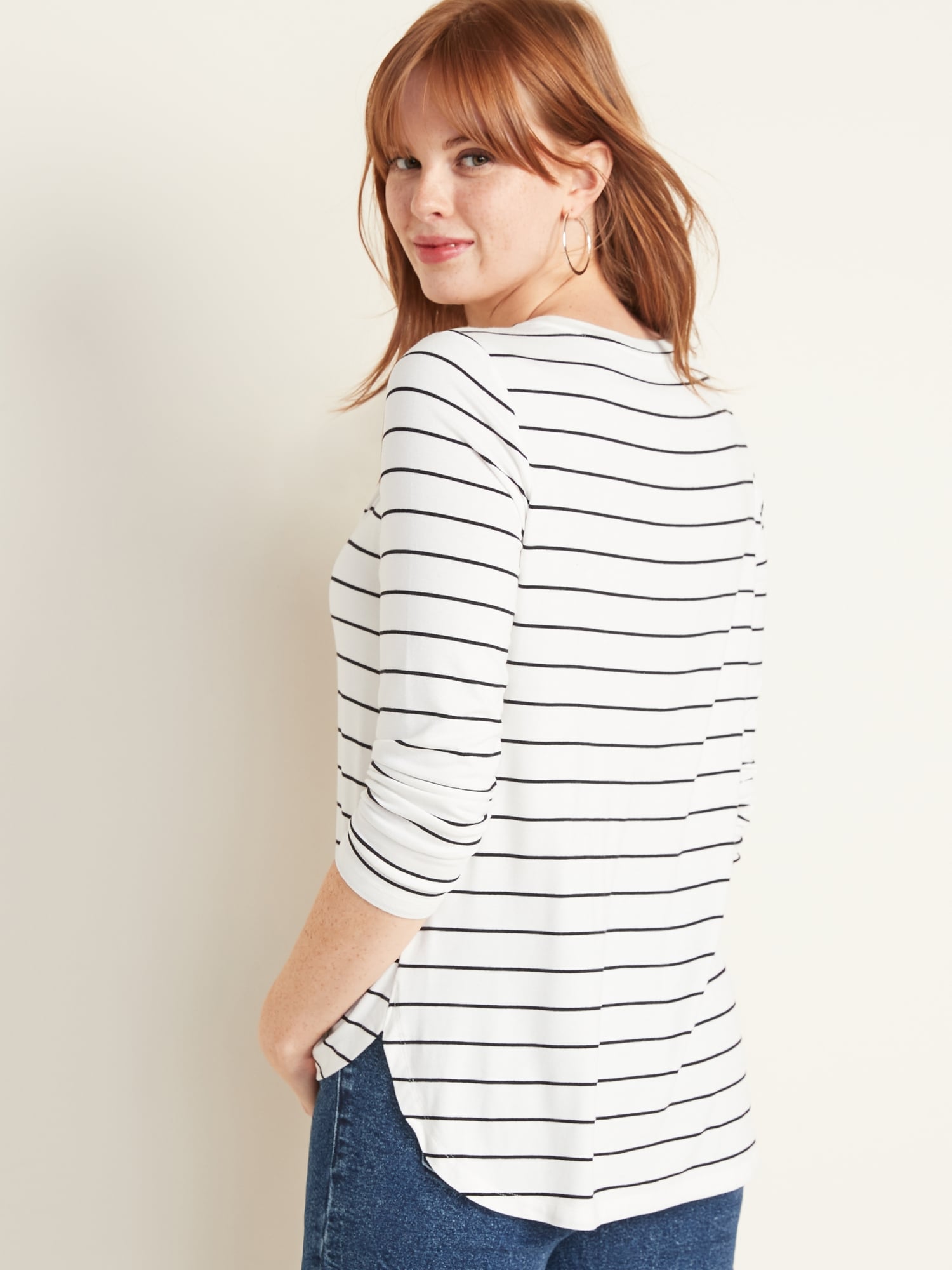 Luxe Long-Sleeve Hi-Lo Hem Striped Tee for Women | Old Navy