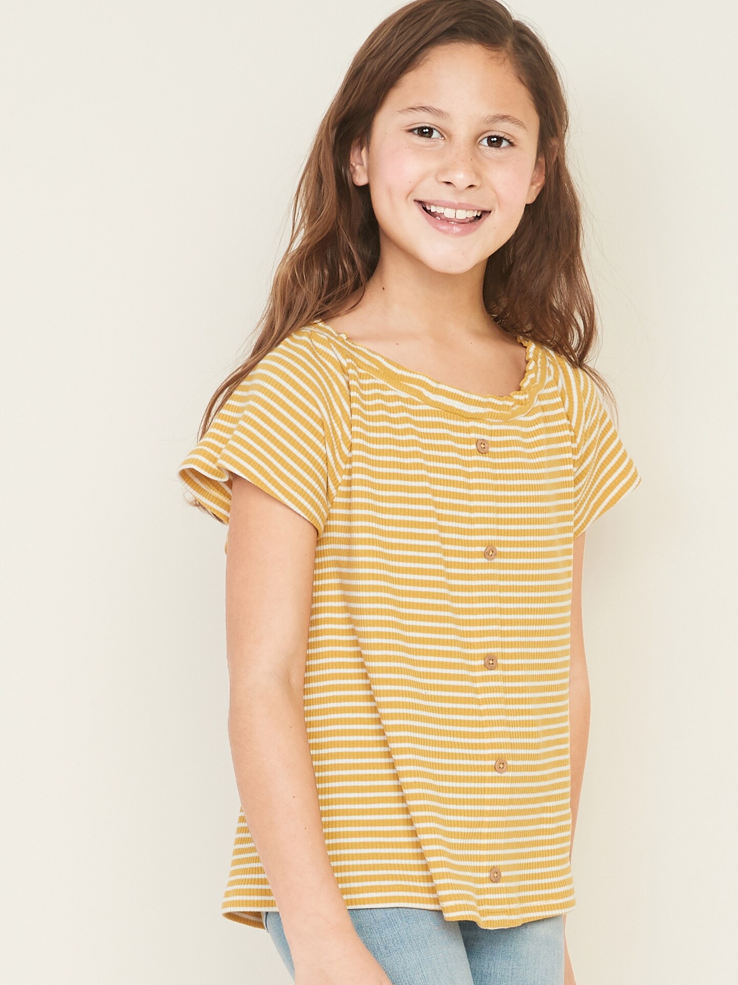 Striped Rib-Knit Faux Button-Front Top for Girls | Old Navy