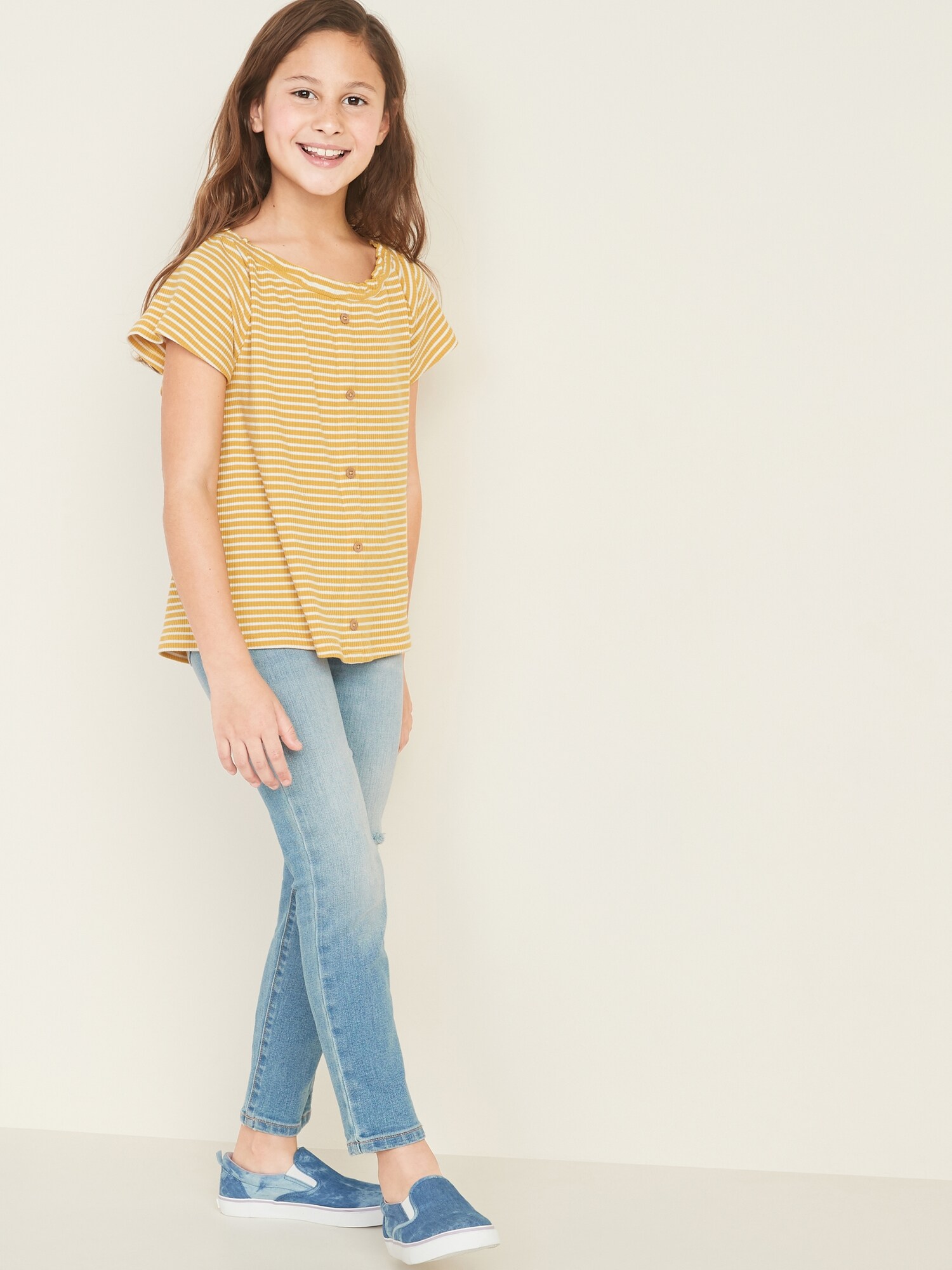 Striped Rib-Knit Faux Button-Front Top for Girls | Old Navy