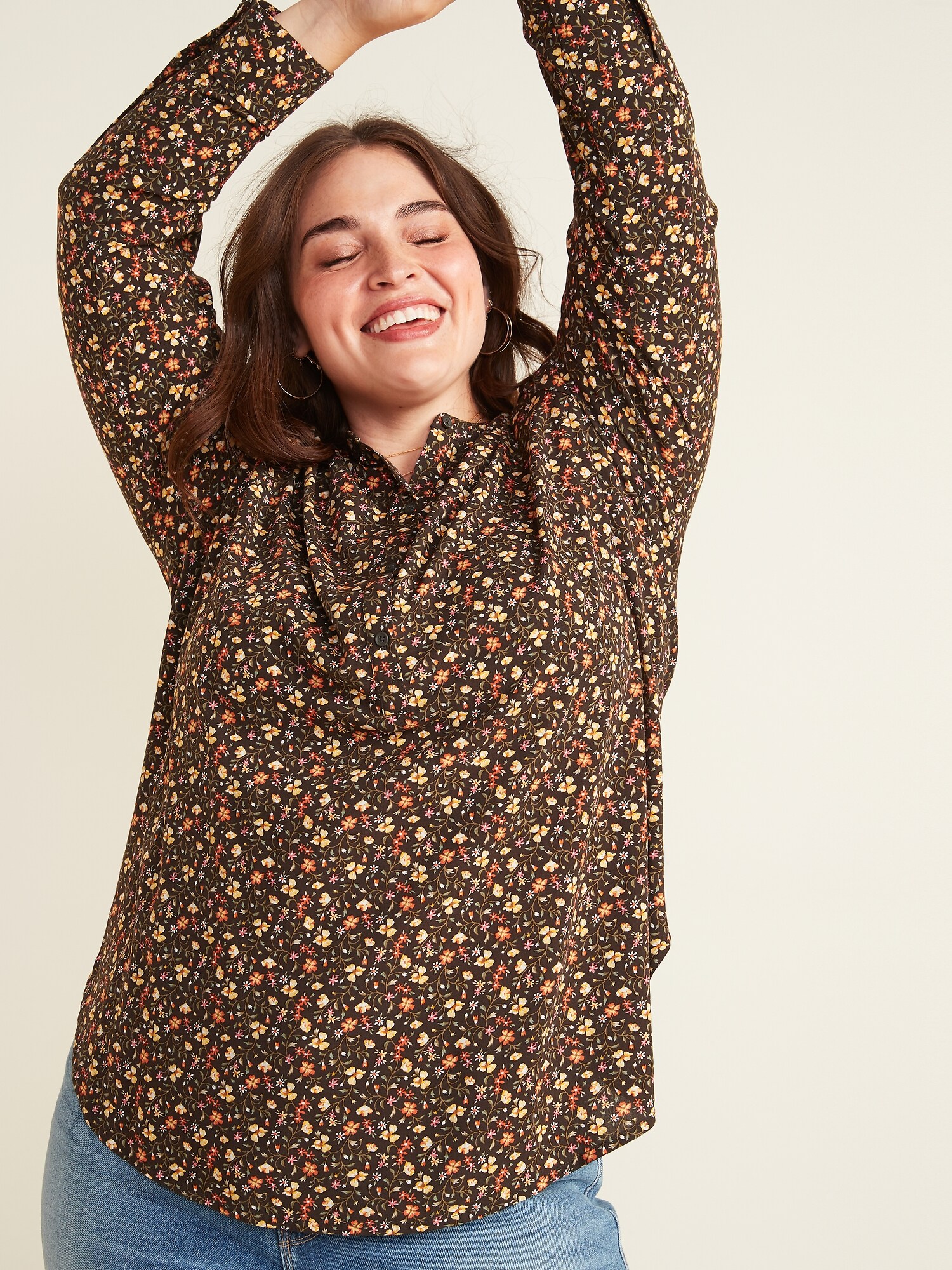 No-Peek Button-Front Plus-Size Popover Stretch Tunic | Old Navy