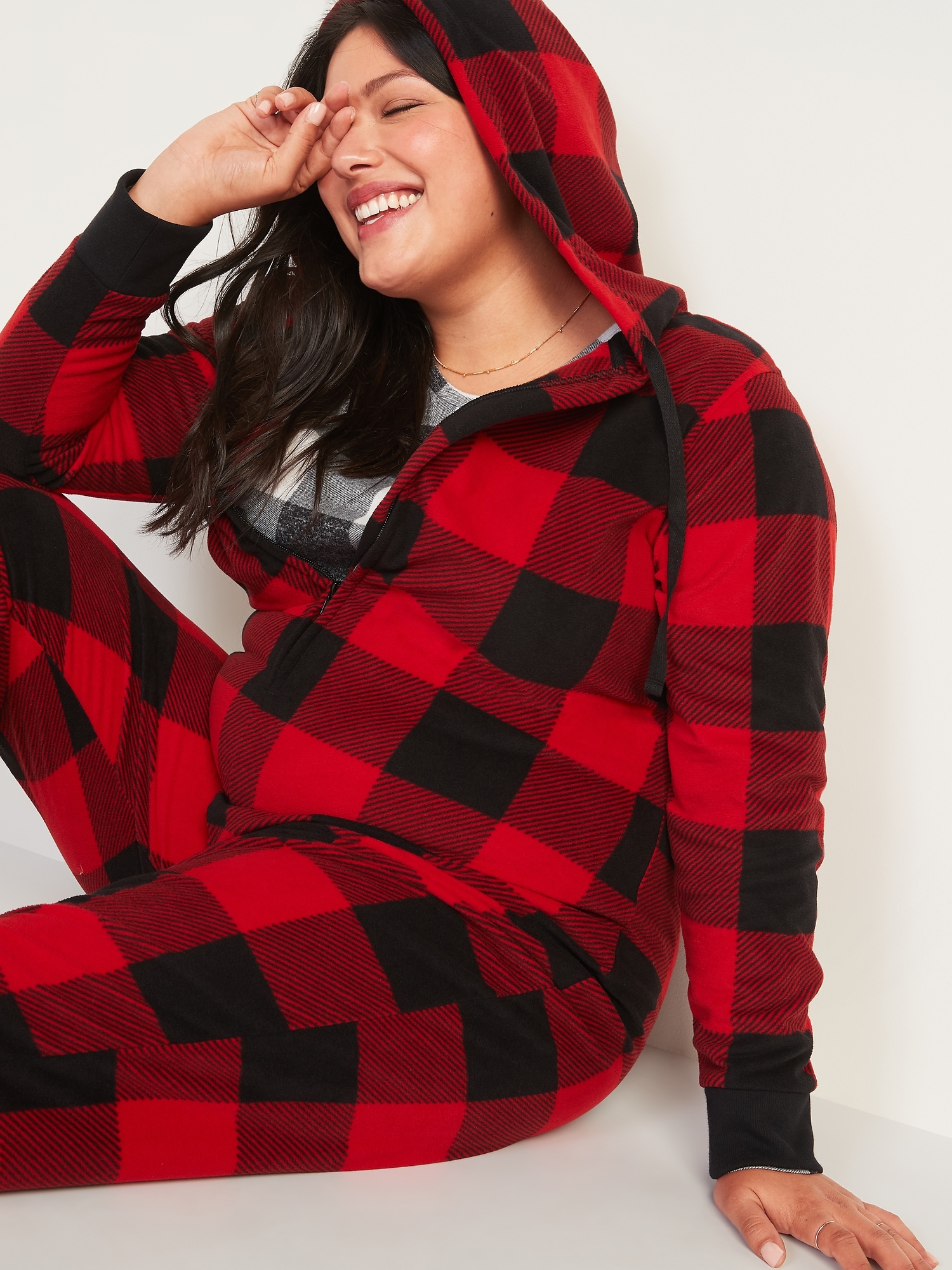 Patterned Micro Performance Fleece Hooded Plus-Size One-Piece Pajamas ...