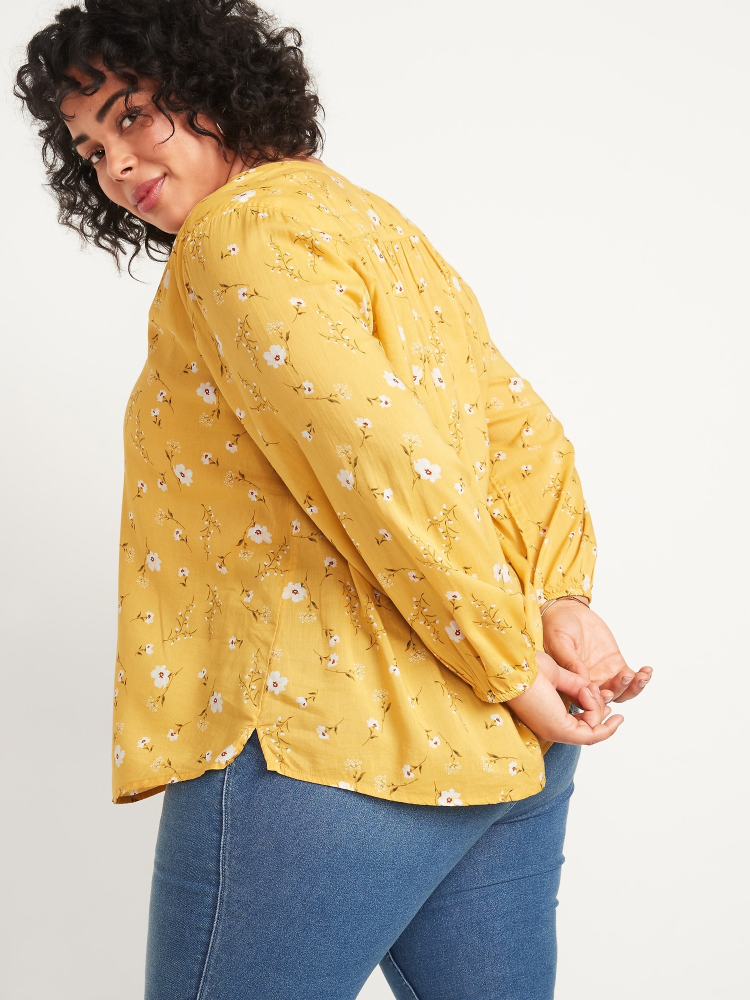 Oversized Floral Print Button Front No Peek Plus Size Poet Blouse Old