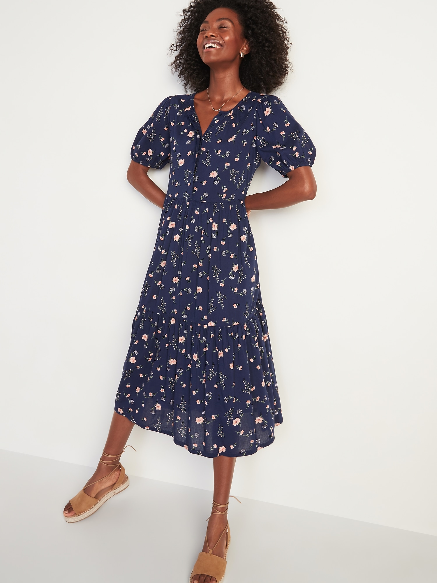 Waist-Defined Floral-Print Midi Dress for Women | Old Navy