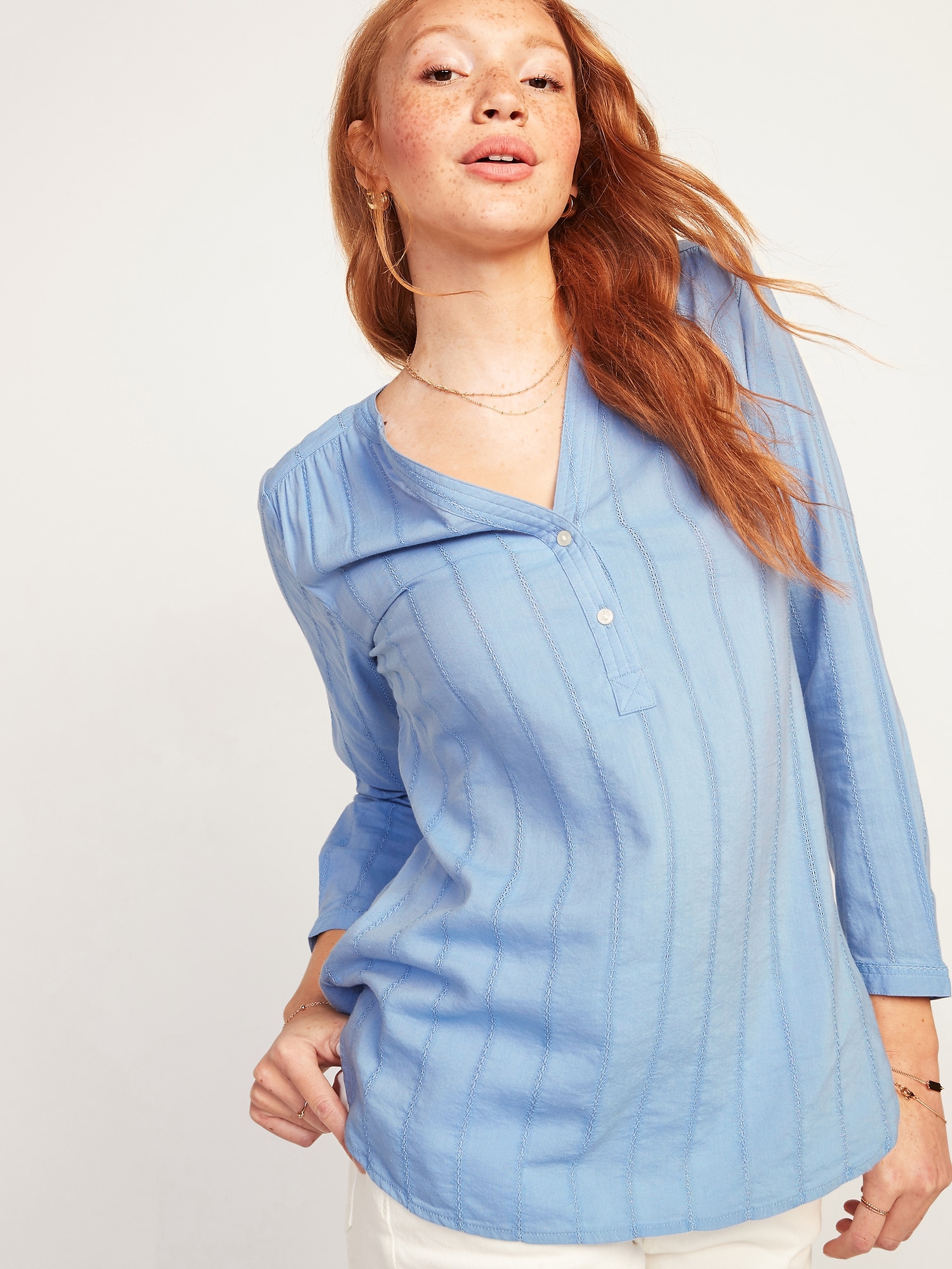 Textured Dobby-Stripe Split-Neck Tunic Top for Women | Old Navy