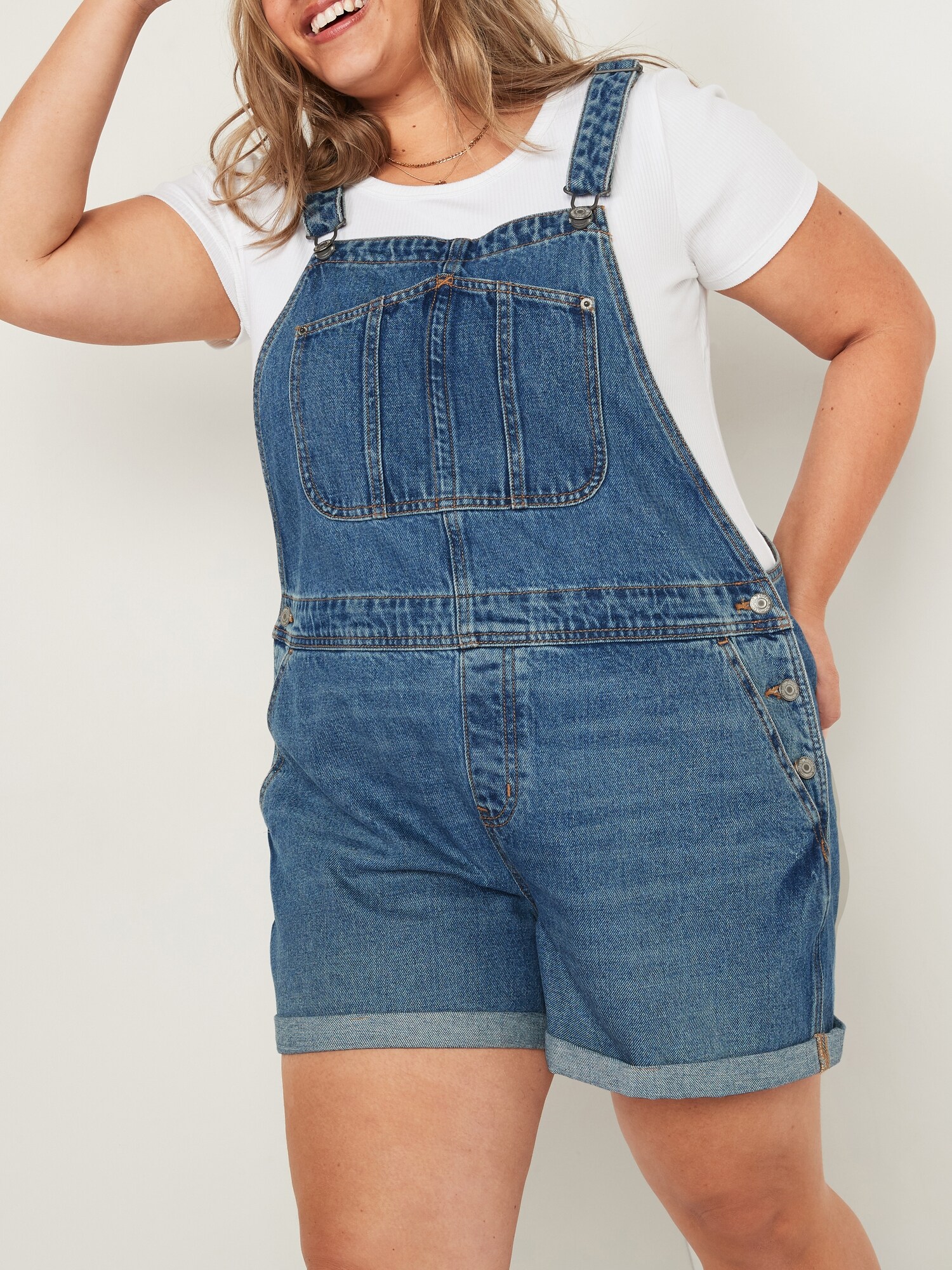 Slouchy Straight Plus-Size Jean Shortalls -- 4-inch inseam | Old Navy