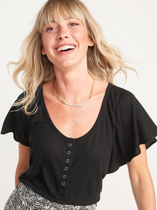 T-shirt henley court et ample en jersey fait d'un mélange de lin pour ...