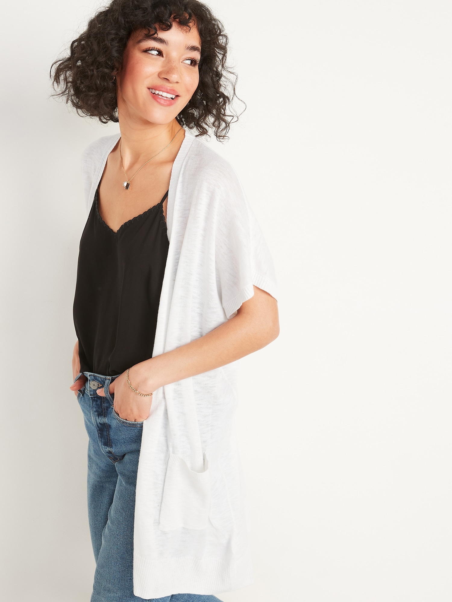 Super-Long Slub-Knit Short-Sleeve Open-Front Sweater for Women | Old Navy