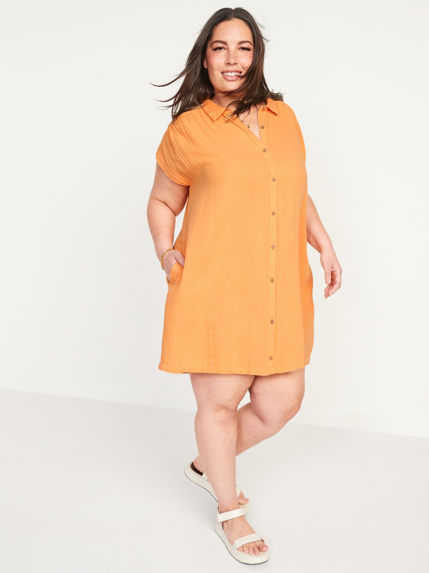 Short-Sleeve Double-Weave Mini Swing Shirt Dress | Old Navy