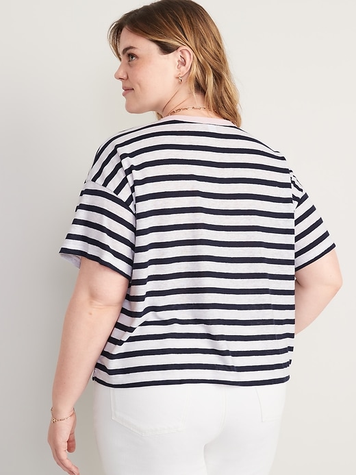 Short-Sleeve Oversized Cropped Striped Linen-Blend T-Shirt for Women ...