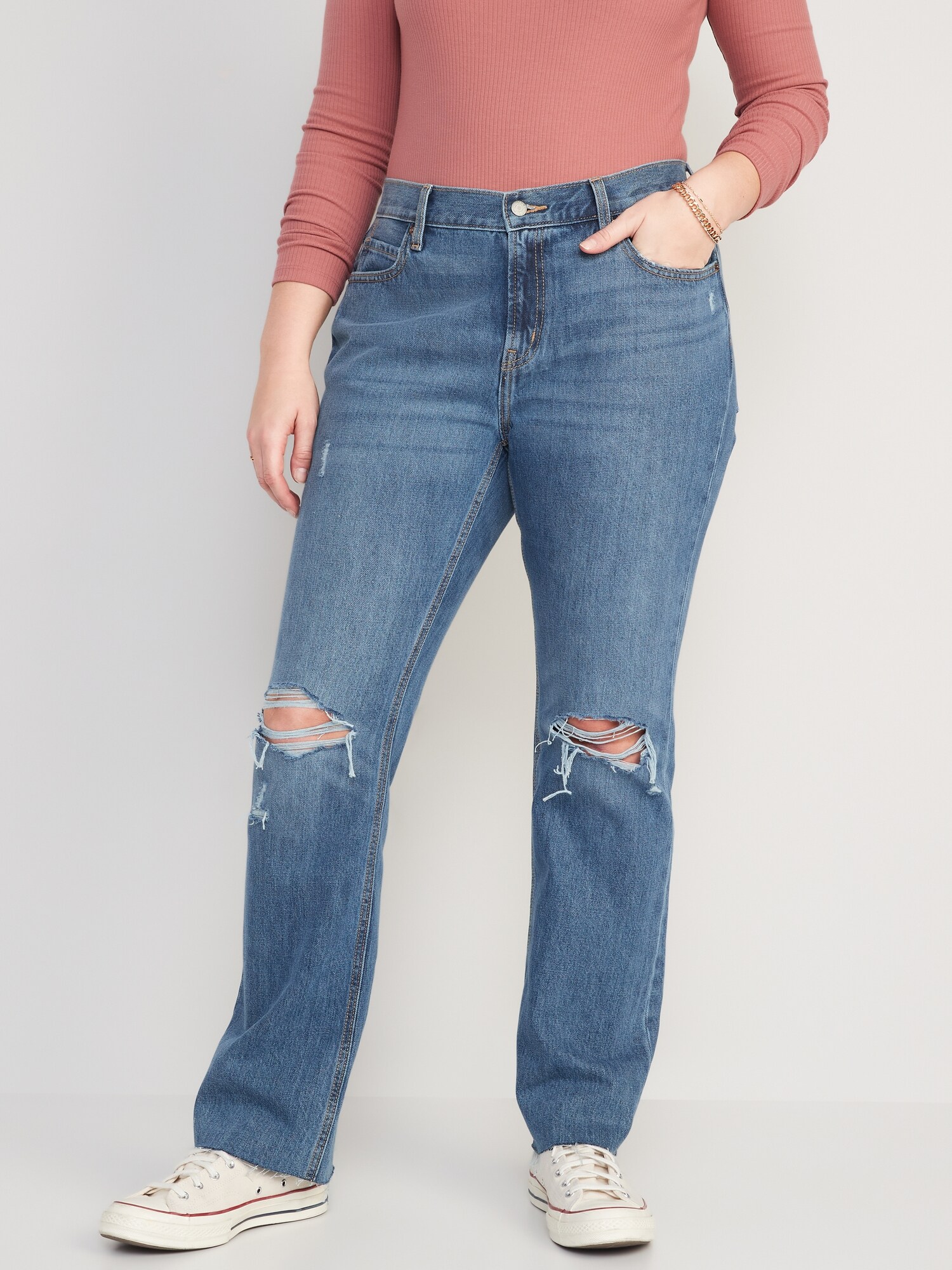 Mid-Rise Slouchy Boot-Cut Ripped Non-Stretch Jeans for Women | Old Navy