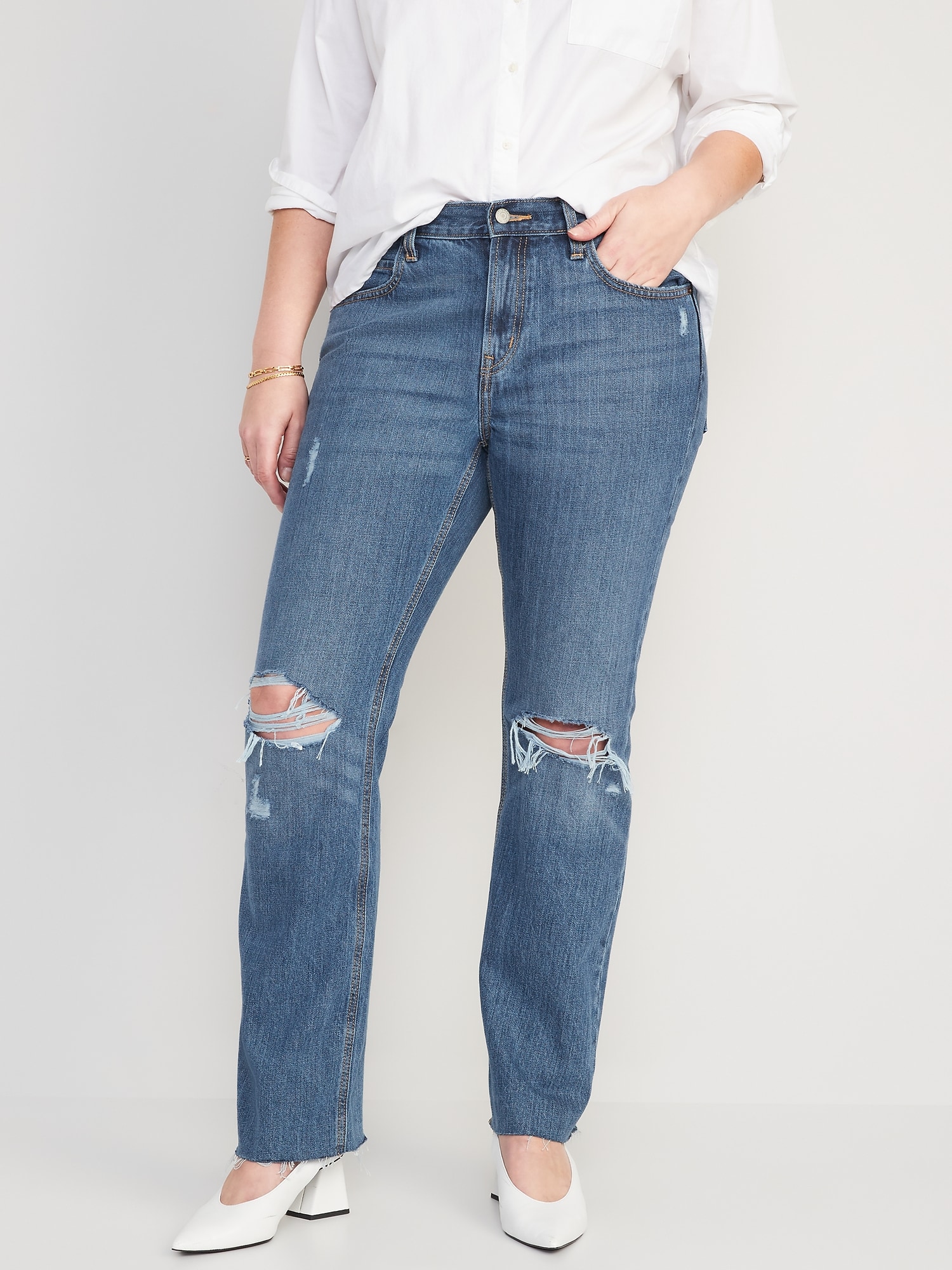 Mid-Rise Slouchy Boot-Cut Ripped Non-Stretch Jeans for Women | Old Navy