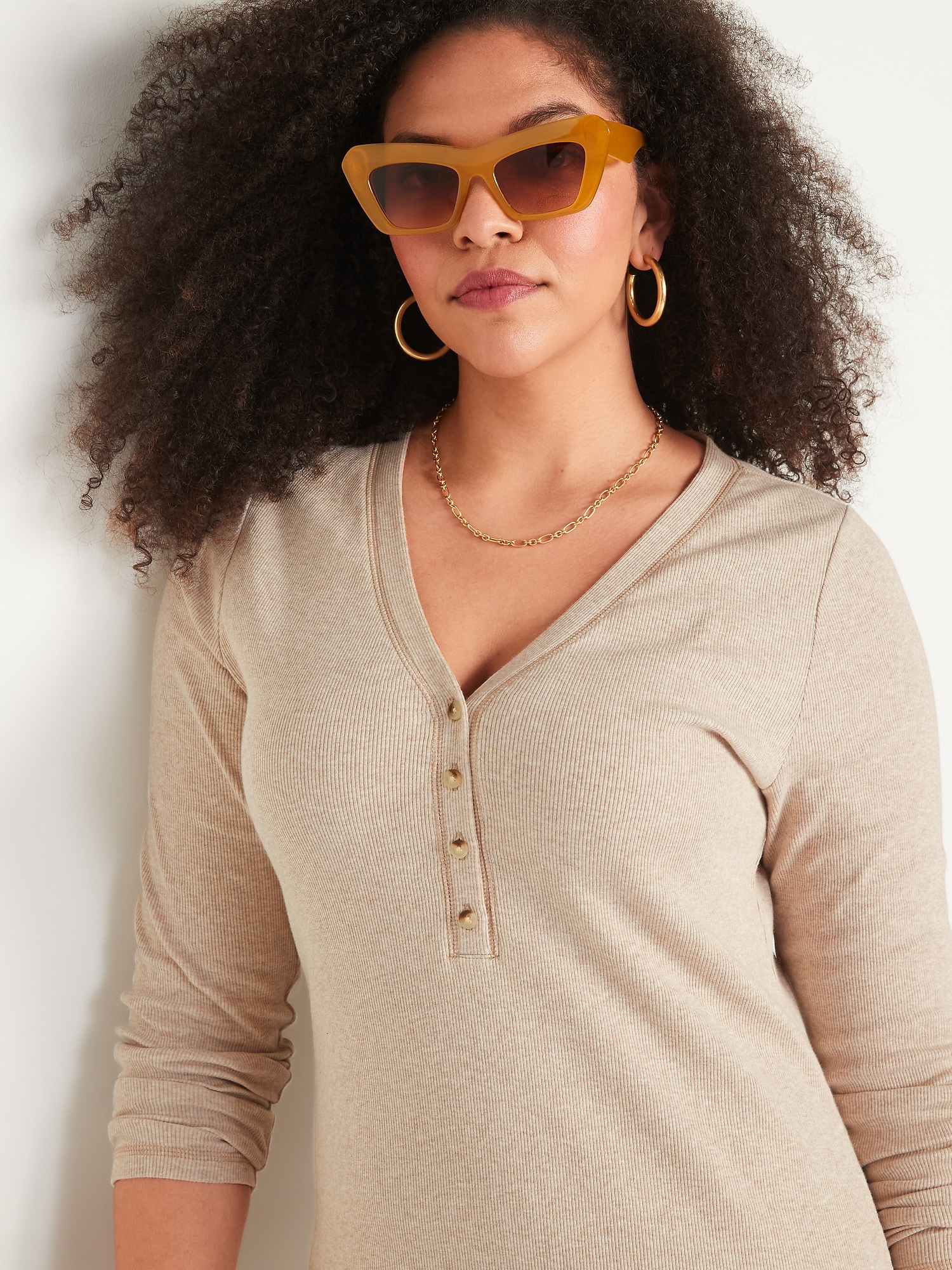 Fitted Long-Sleeve Heathered Rib-Knit Henley Midi Dress for Women | Old ...