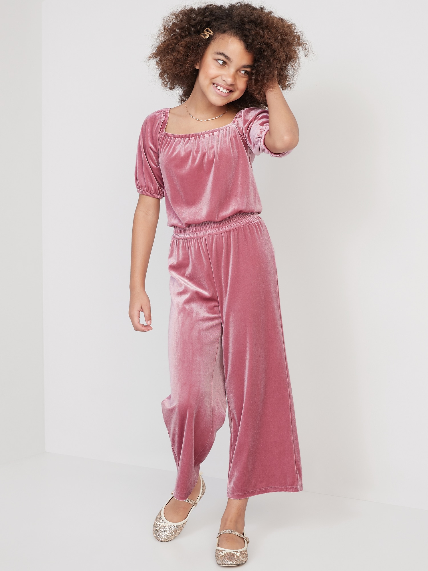 Cozy Velvet Puff-Sleeve Smocked Jumpsuit for Girls | Old Navy