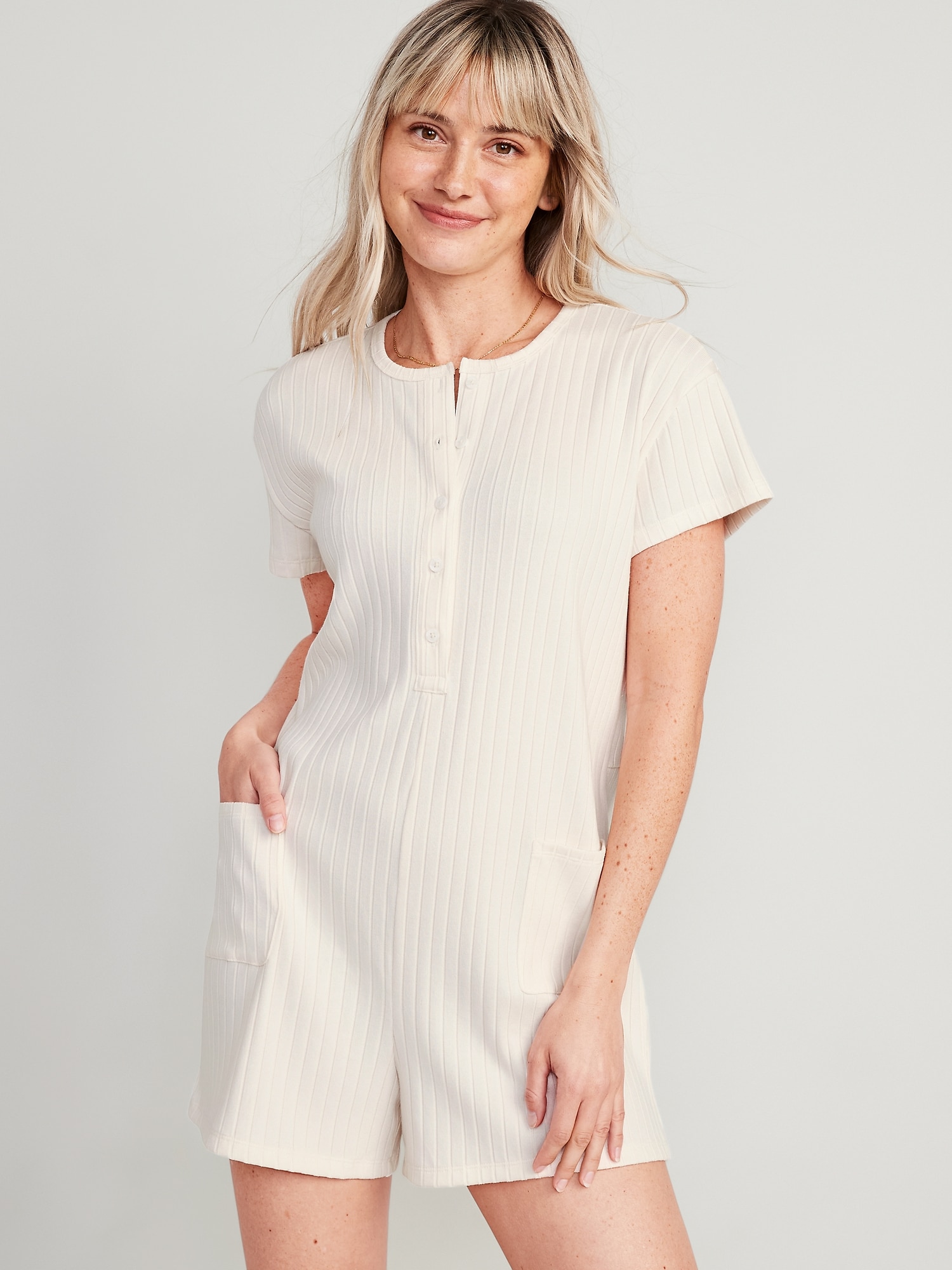 Rib-Knit Henley Pajama Romper for Women -- 3.5-inch inseam | Old Navy