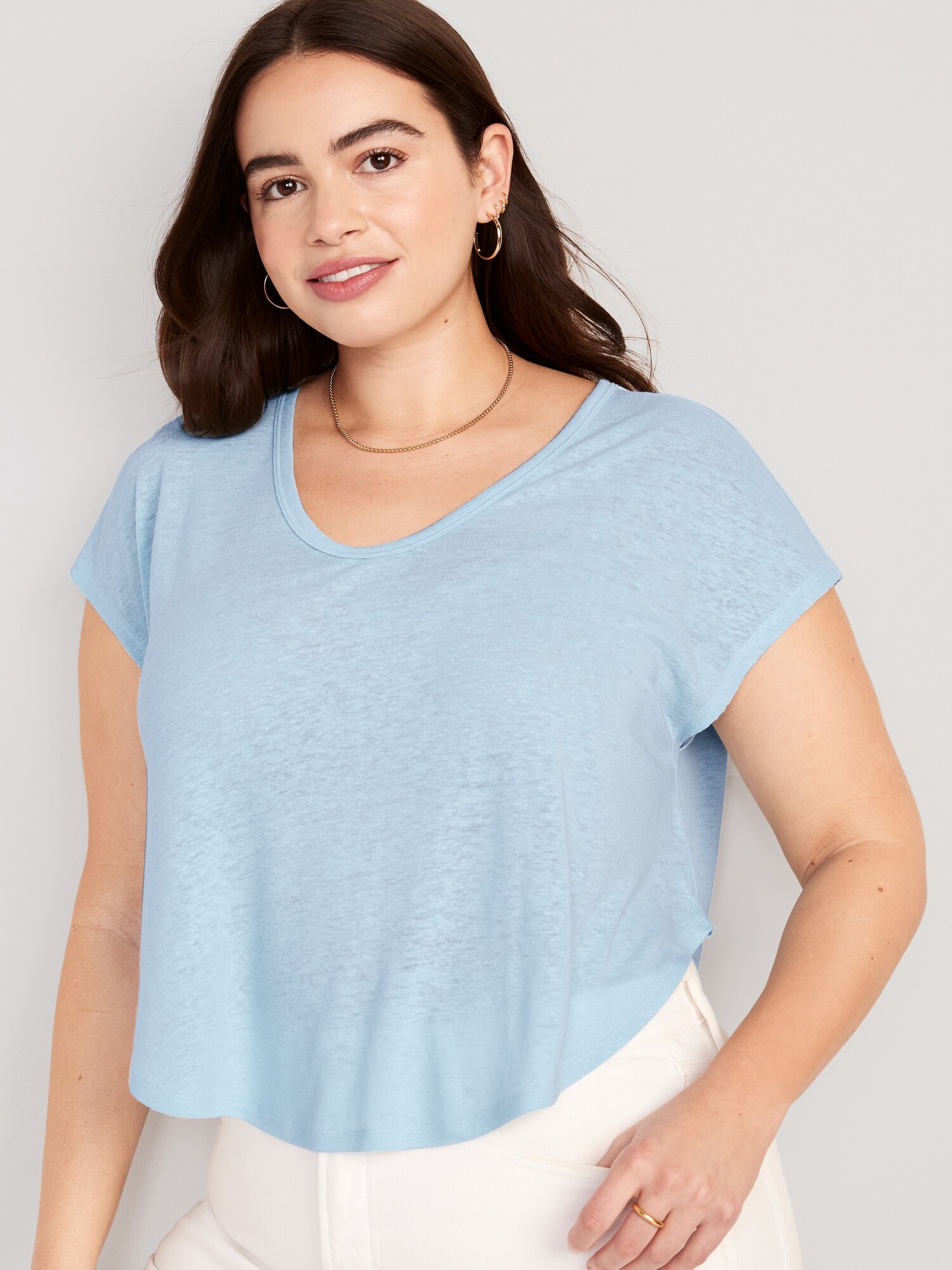 Linen-Blend Crop Voop-Neck T-Shirt | Old Navy