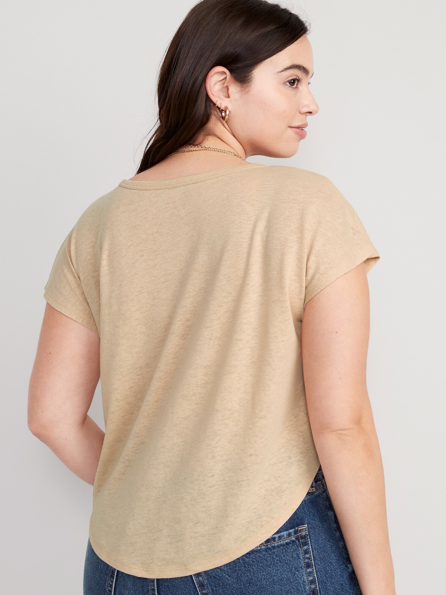 Linen-Blend Crop Voop-Neck T-Shirt | Old Navy