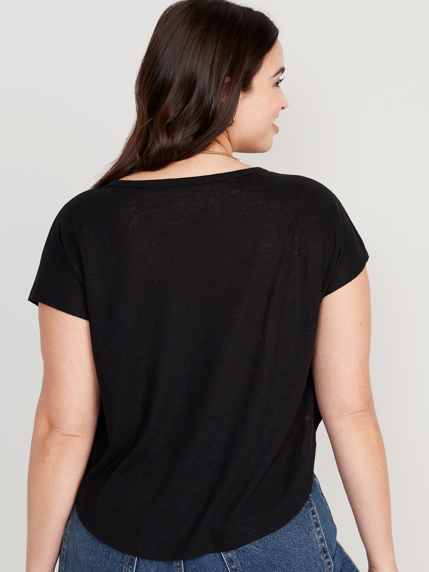 Linen-Blend Cropped Voop-Neck T-Shirt | Old Navy