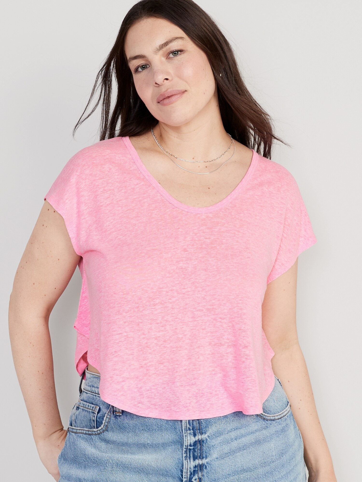 Linen-Blend Crop Voop-Neck T-Shirt | Old Navy
