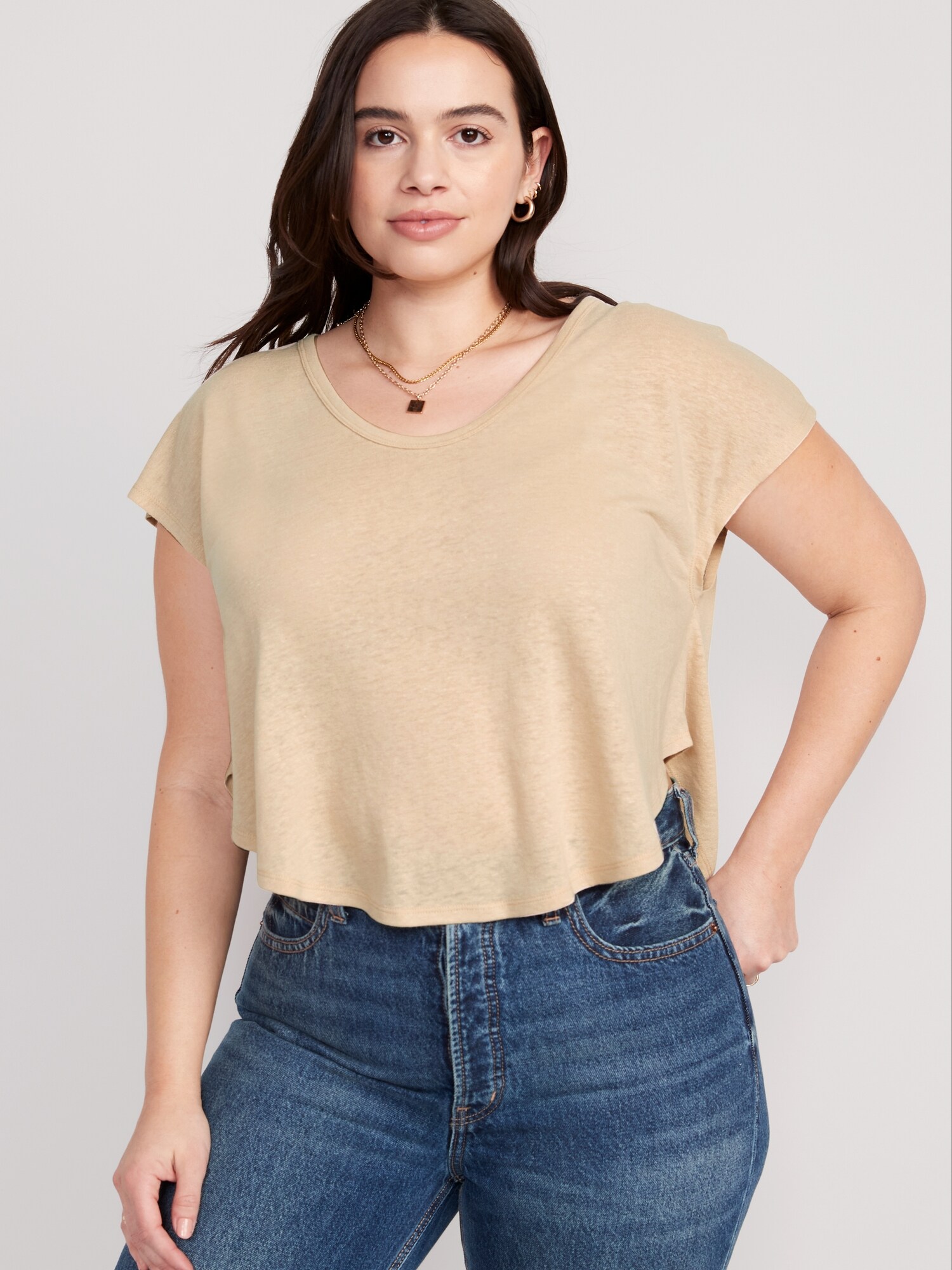 Linen-Blend Crop Voop-Neck T-Shirt | Old Navy