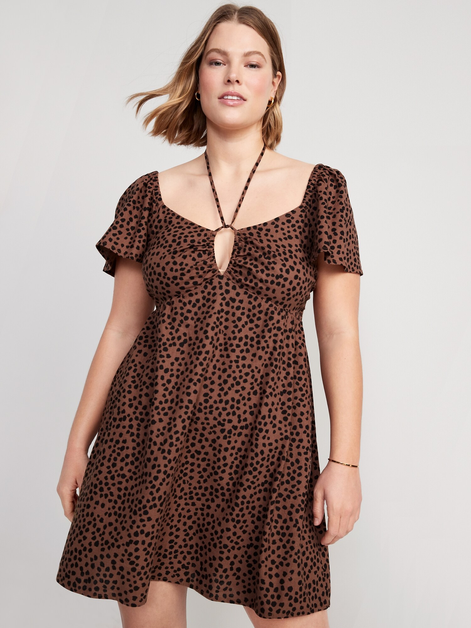 Flutter Sleeve Linen Blend Halter Keyhole Mini Swing Dress Old Navy