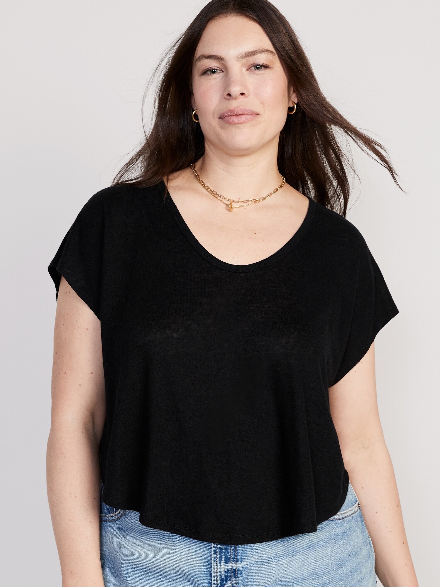 Linen-Blend Cropped Voop-Neck T-Shirt | Old Navy