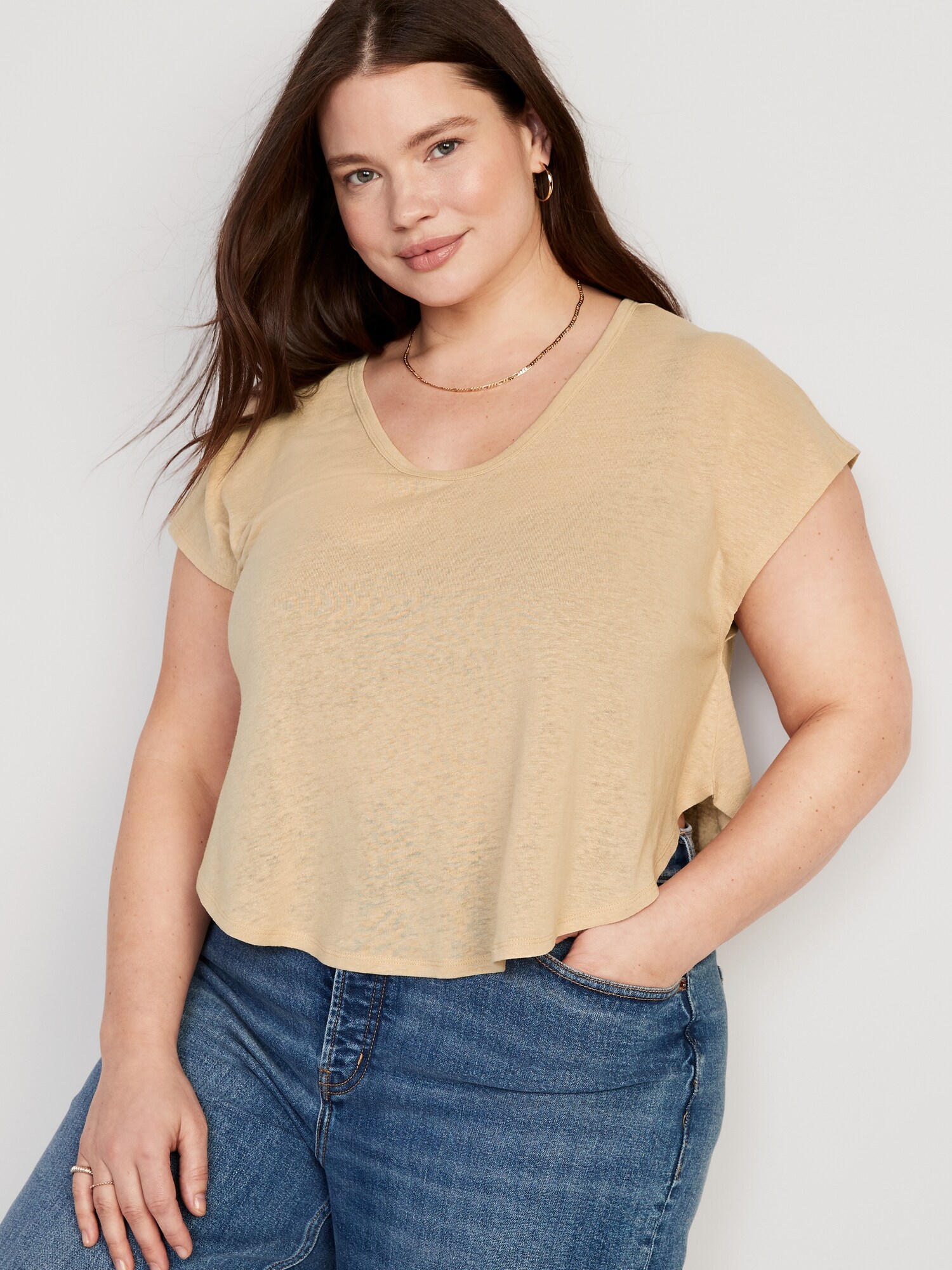 Linen-Blend Crop Voop-Neck T-Shirt | Old Navy