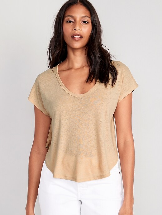 Linen-Blend Crop Voop-Neck T-Shirt | Old Navy