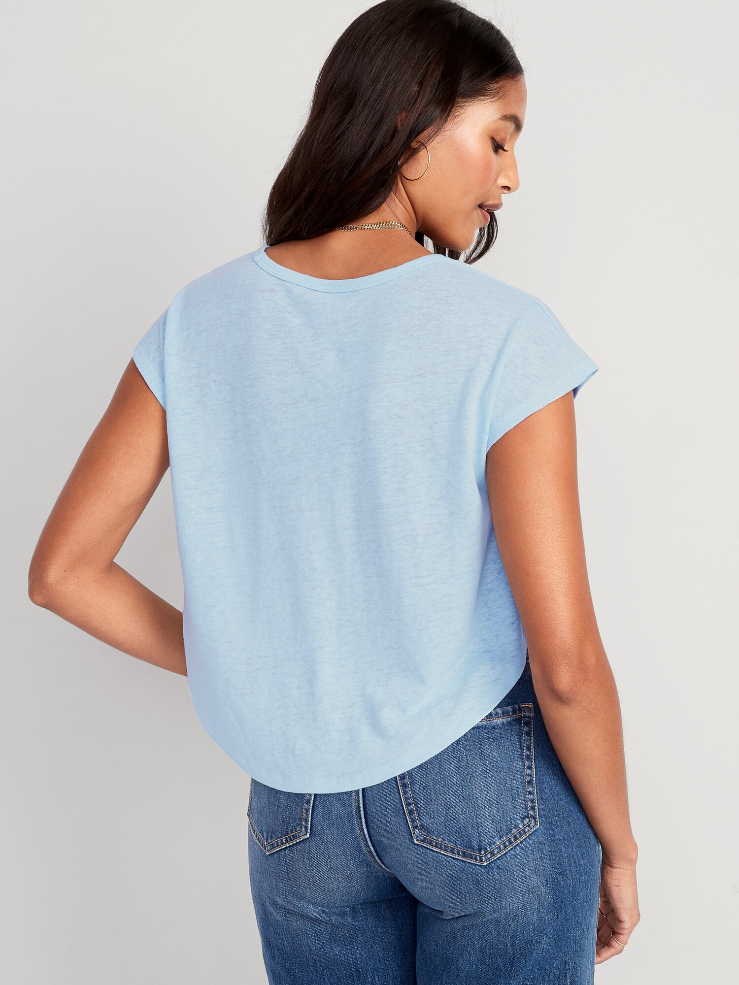 Linen-Blend Crop Voop-Neck T-Shirt | Old Navy