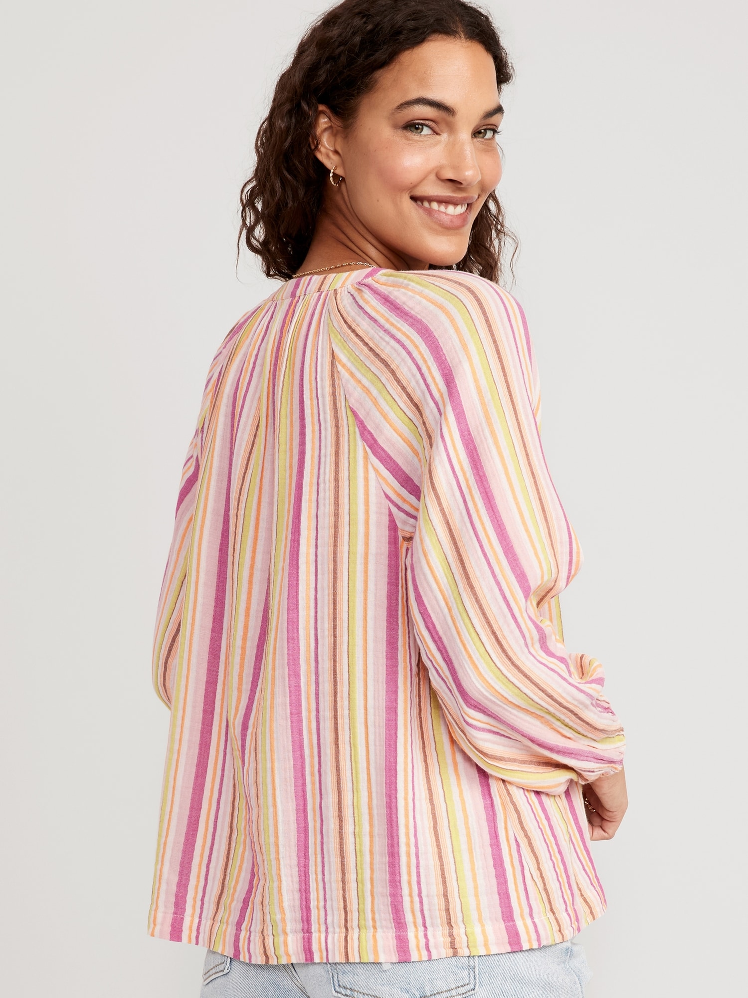 Long-Sleeve Striped Split-Neck Top for Women | Old Navy