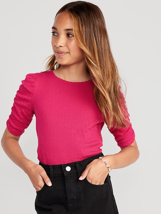 Ruched Puff-Sleeve Textured-Knit Top for Girls | Old Navy