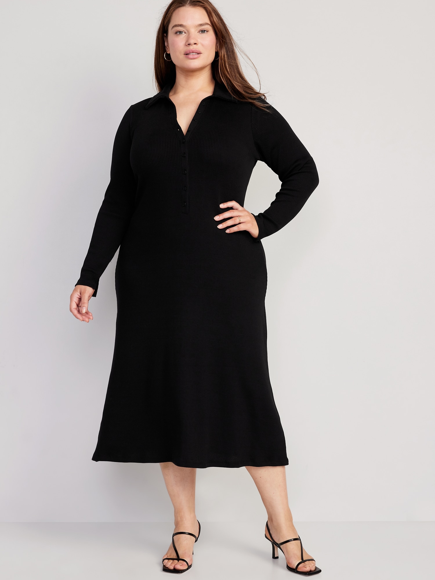 Fit & Flare Long-Sleeve Henley Midi Dress for Women | Old Navy